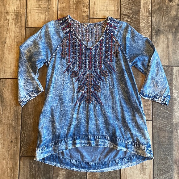 Reba | Tops | Reba Blue Heavily Embroidered Tunic Top | Poshmark